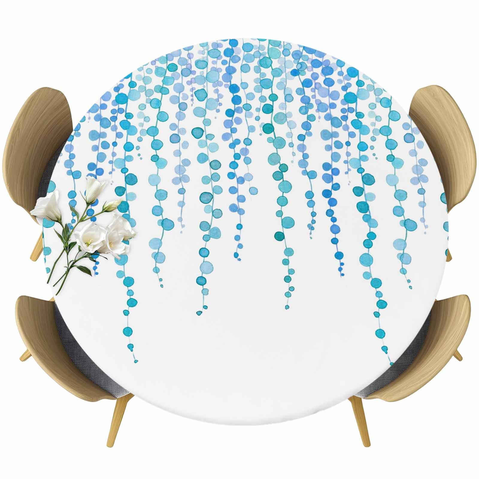 Blue Polka Dot Round Fitted Tablecloth with Elastic Edge, Watercolor ...