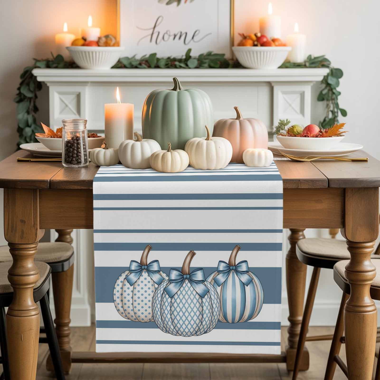 Blue Polka Dot Stripe Pumpkin Table Runner, Autumn Thanksgiving Kitchen Dining Table Decoration ...