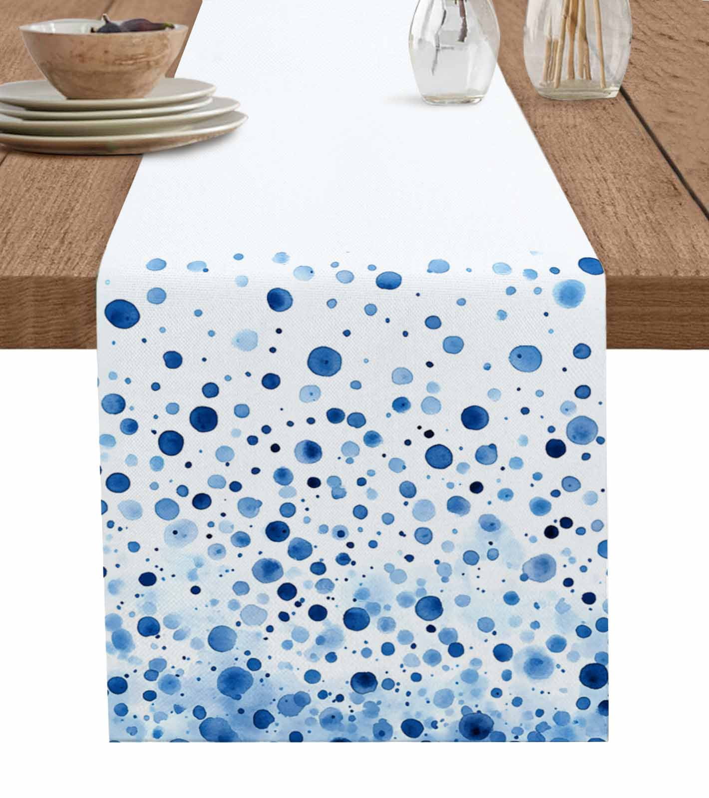 Blue Polka Dot Table Runner 72 Inches, Modern Art Abstract Watercolor ...