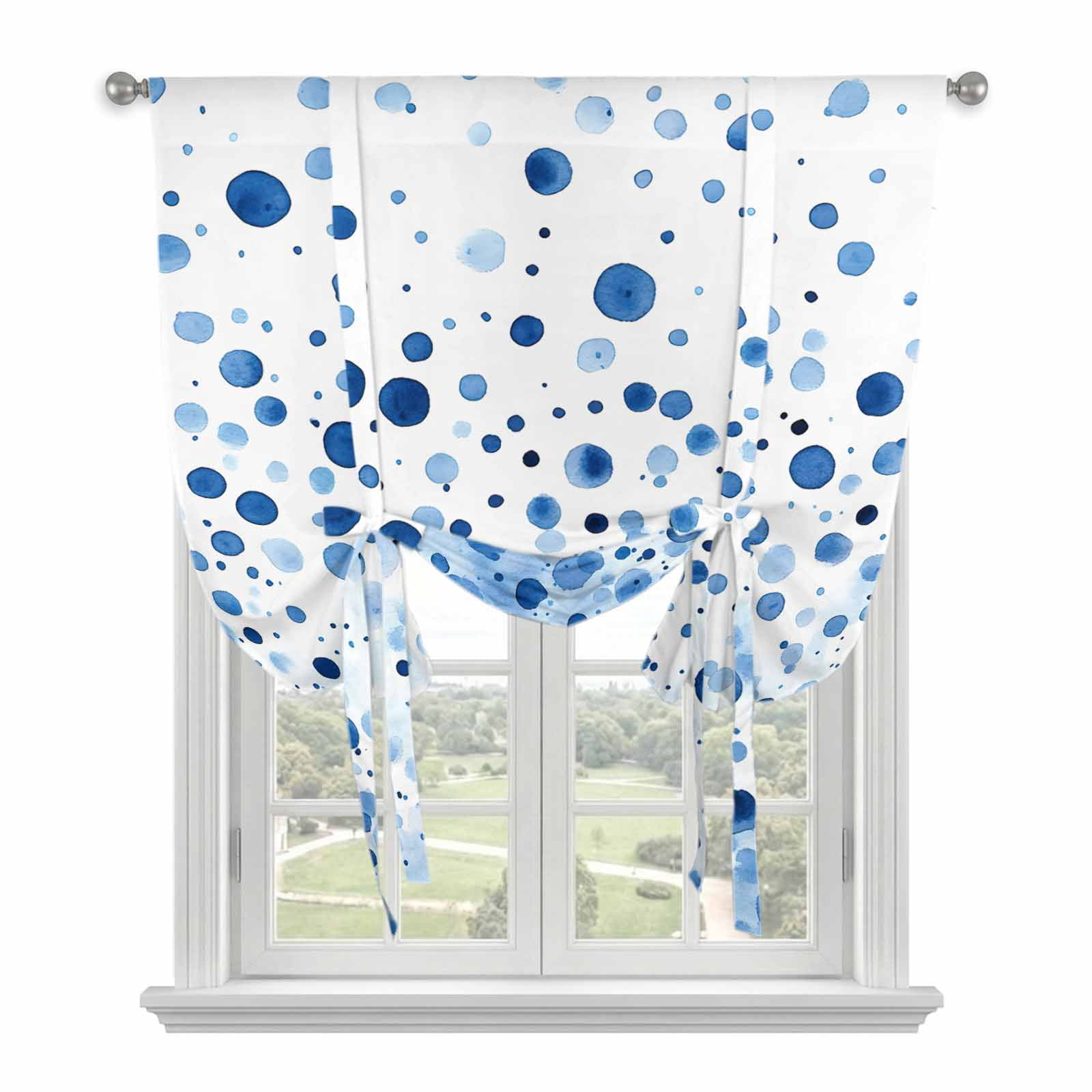 Blue Polka Dot Tie Up Curtain Valance for Window,Adjustable Rod Pocket ...