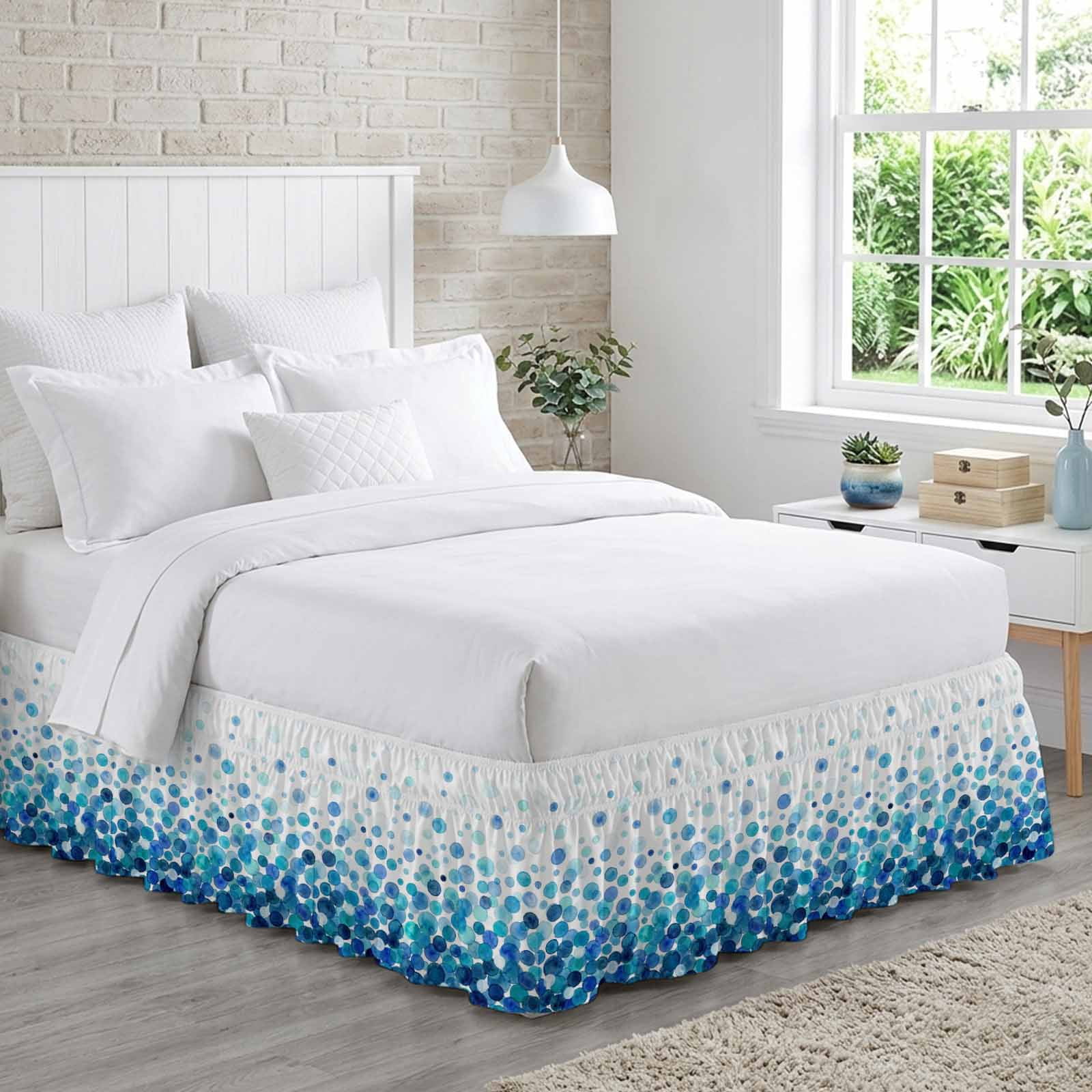 Blue Polka Dots Bed Skirt Queen Size 16 Inch Drop, Watercolor Abstract ...