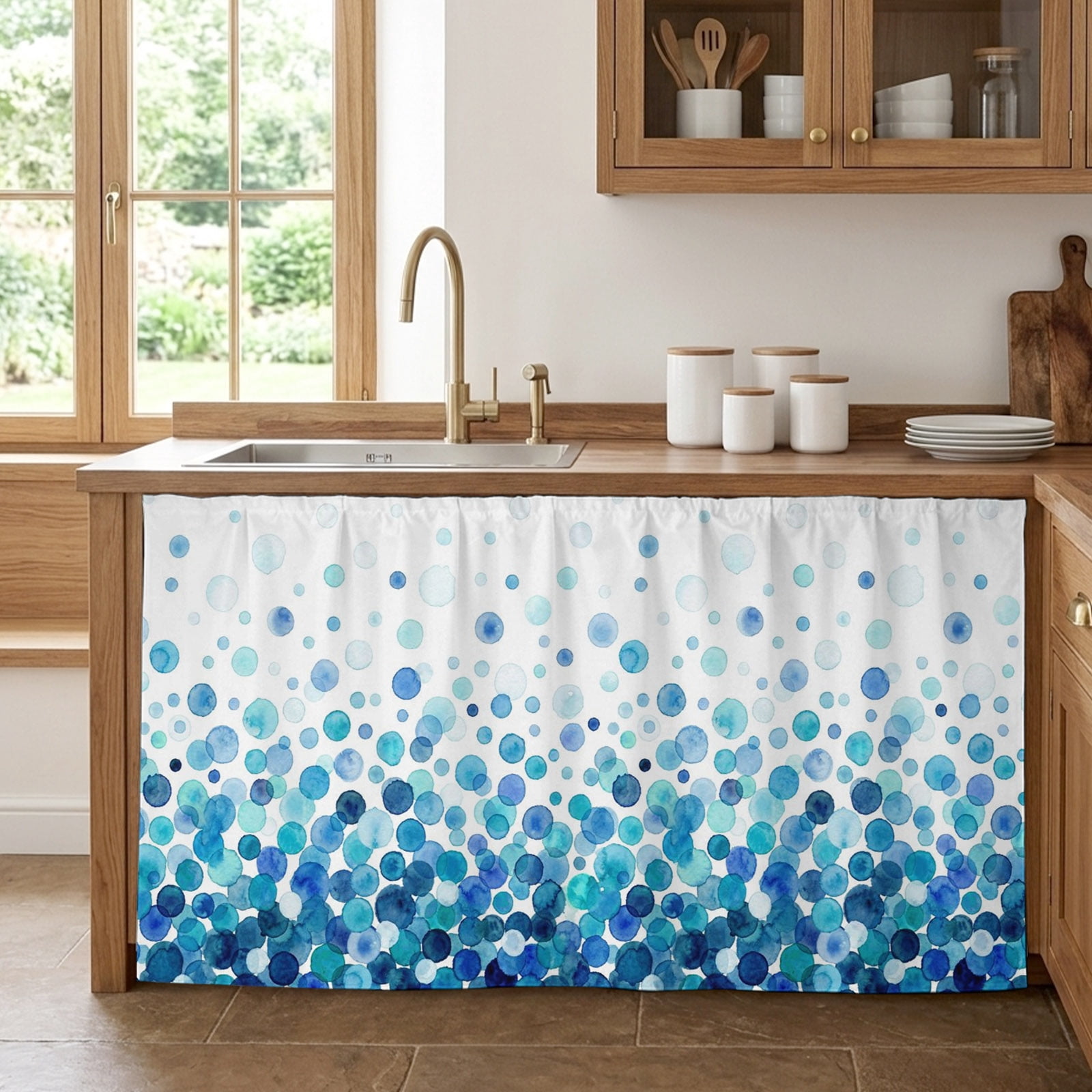 Blue Polka Dots Cabinet Curtains for Kitchen 32"W x 55"L, Watercolor ...