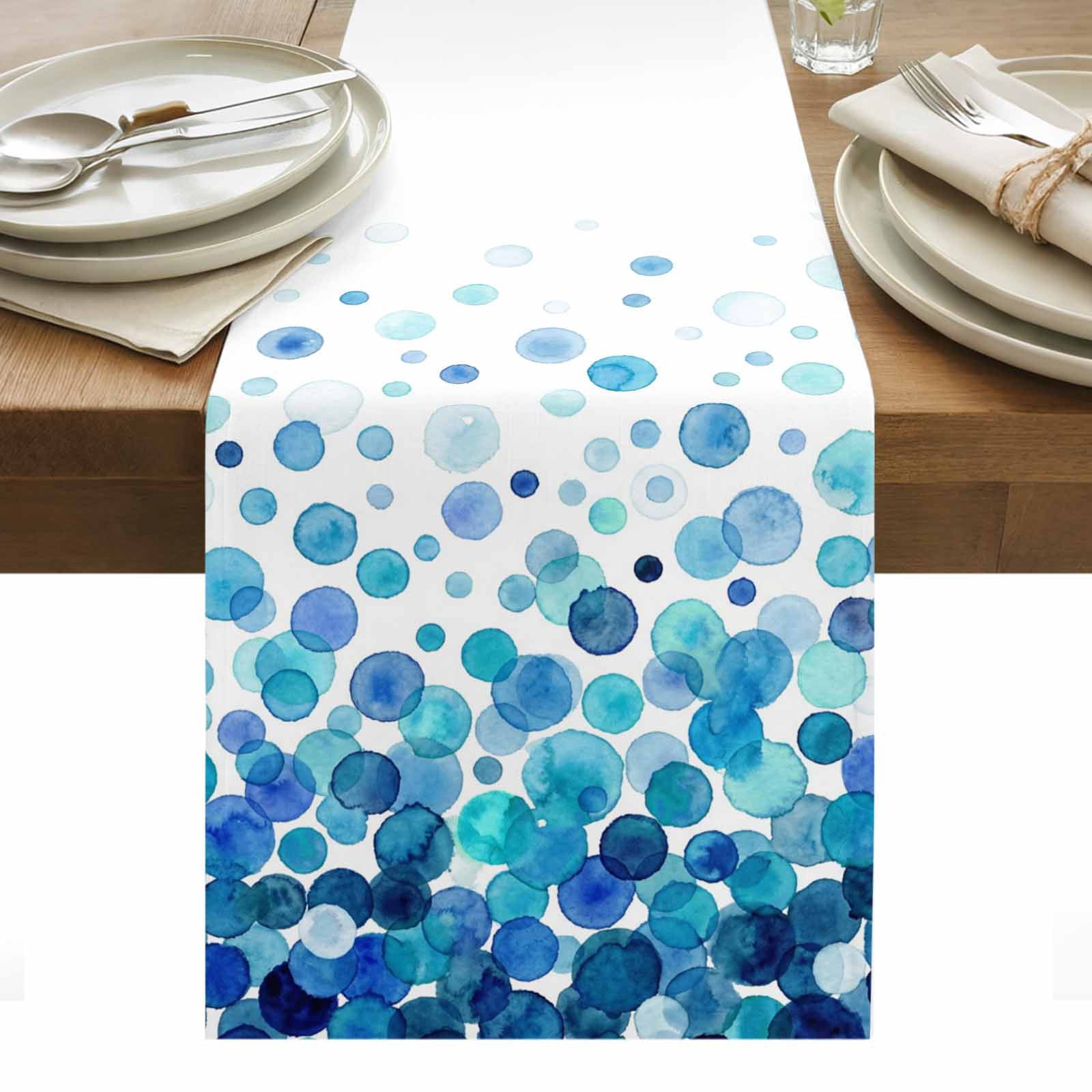 Blue Polka Dots Cotton Linen Table Runner Watercolor Abstract Art ...