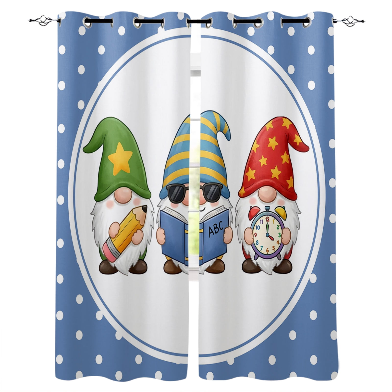 Blue Polka Dots Gnomes Kitchen Curtains Pencils Book Clock Cafe Short ...