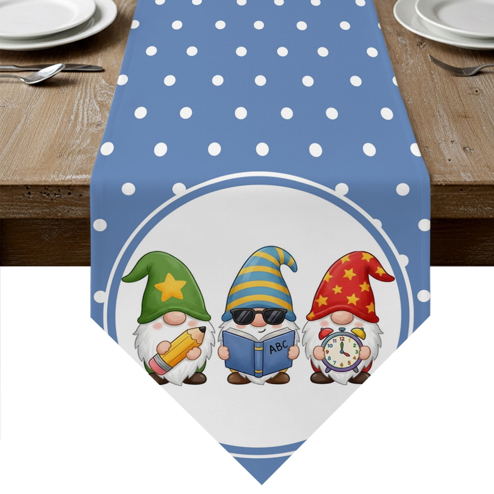 Blue Polka Dots Gnomes Table Runner Linen Burlap Table Runner 72 Inches ...