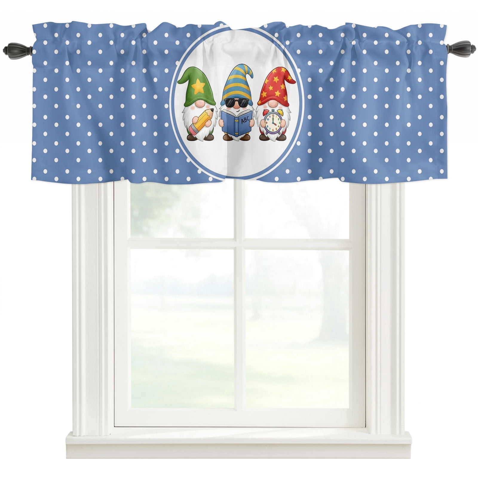 Blue Polka Dots Gnomes Valances for Windows Farmhouse Kitchen Curtains ...