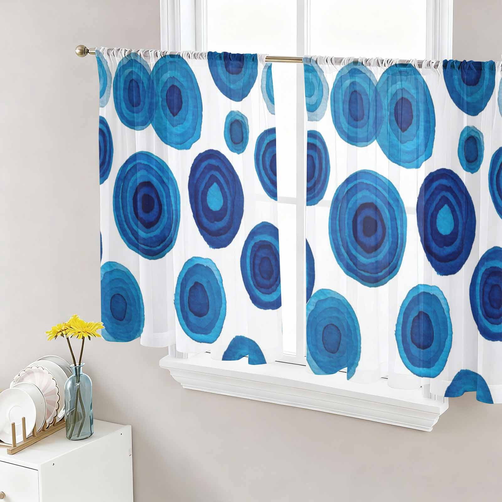 Blue Polka Dots Sheer Curtains 45 Inch Length 2 Panels Set, Watercolor ...