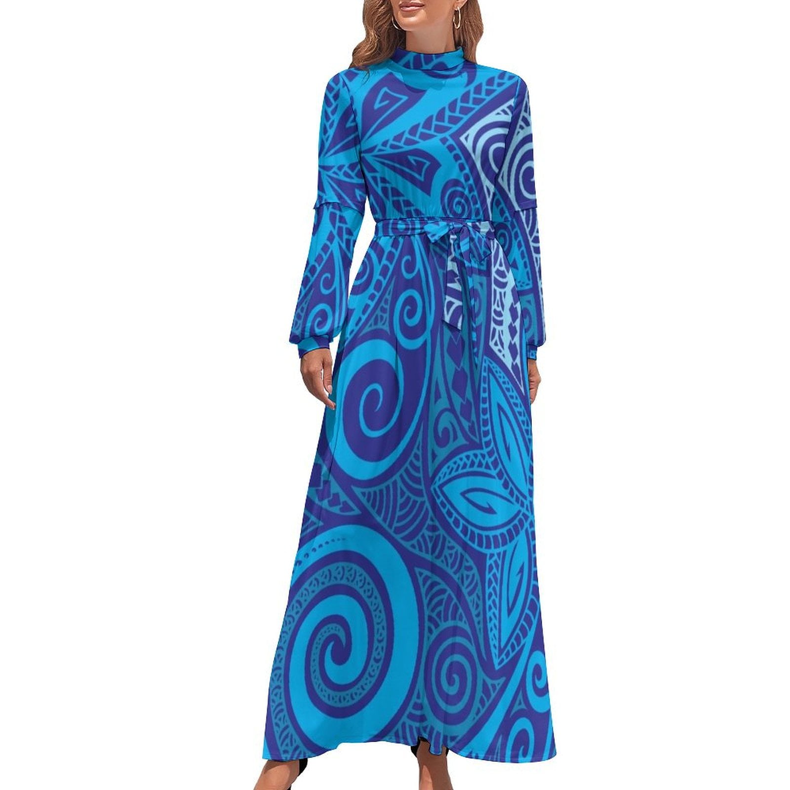 Blue Polynesian floral design Long Dress Female dress Long veiled ...