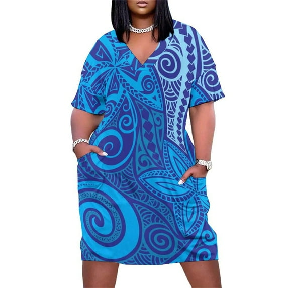 Blue Polynesian floral design Loose Pocket Dress women's summer ...