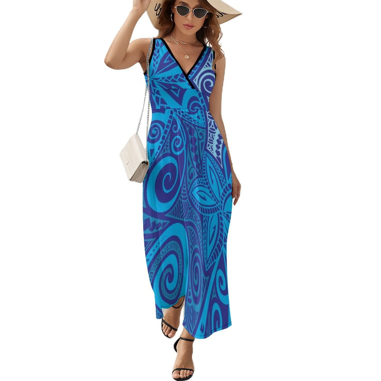 Blue Polynesian floral design Sleeveless Dress dress party evening elegant luxury celebrity ...