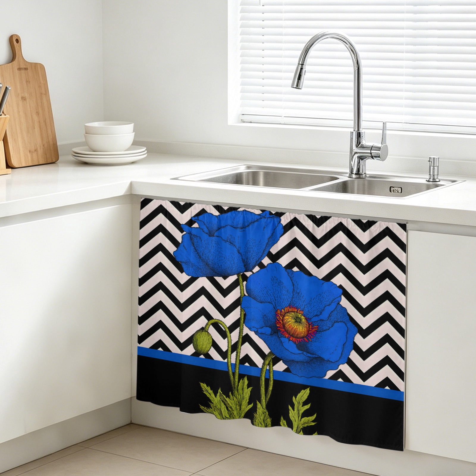 Blue Poppies Cabinet Curtains for Kitchen 28"W x 35"L, Country Blue ...