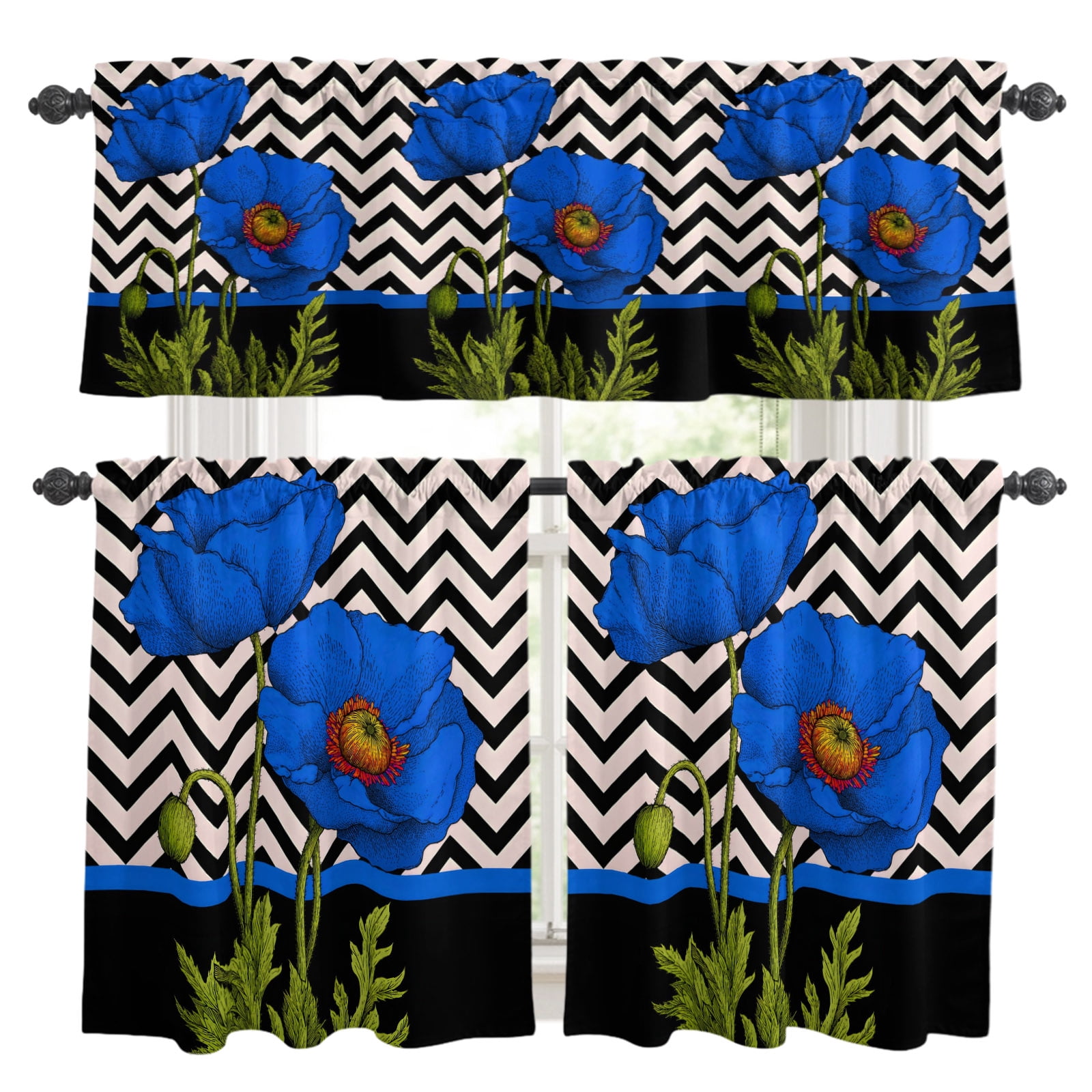 Blue Poppies Kitchen Curtains and Valances Set, Country Blue Floral Bud ...