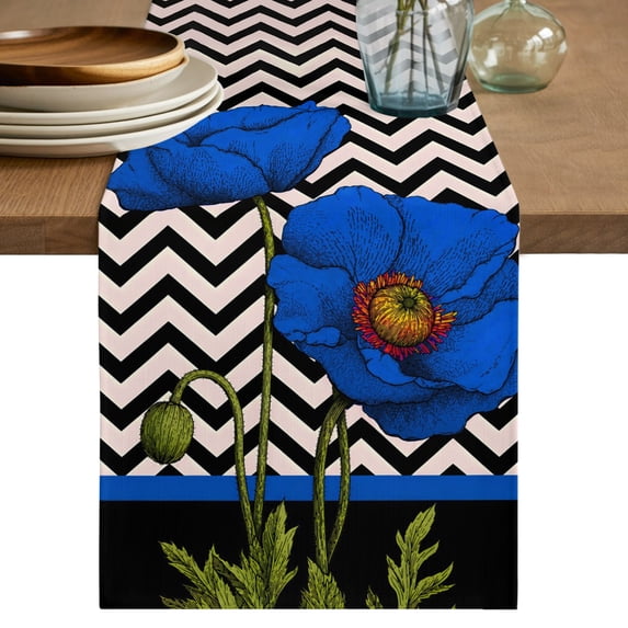 Blue Poppies Table Runner, Country Blue Floral Bud Farmhouseblack White ...