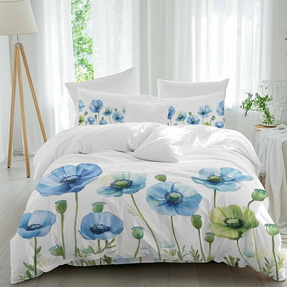 Blue Poppy 4 Piece Duvet Cover Set Full Size Watercolor Flowers Soft ...