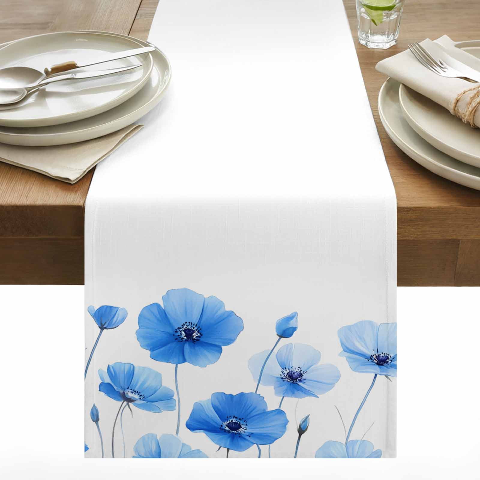Blue Poppy Cotton Linen Table Runner Spring Flowers Spring Dining Table ...