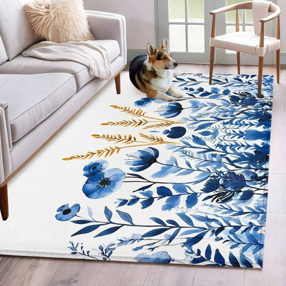 Blue Poppy Floral Area Rug 3x5 Washable Rug Non Slip Botanical ...