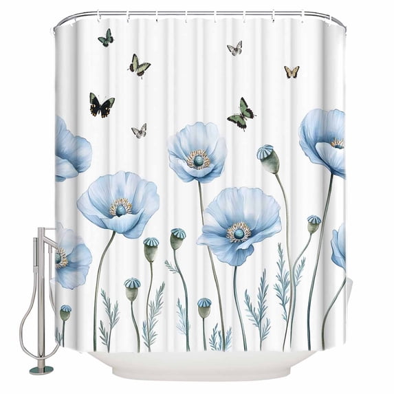 Blue Poppy Floral Bathroom Shower Curtains with 12 Hooks Polyester ...