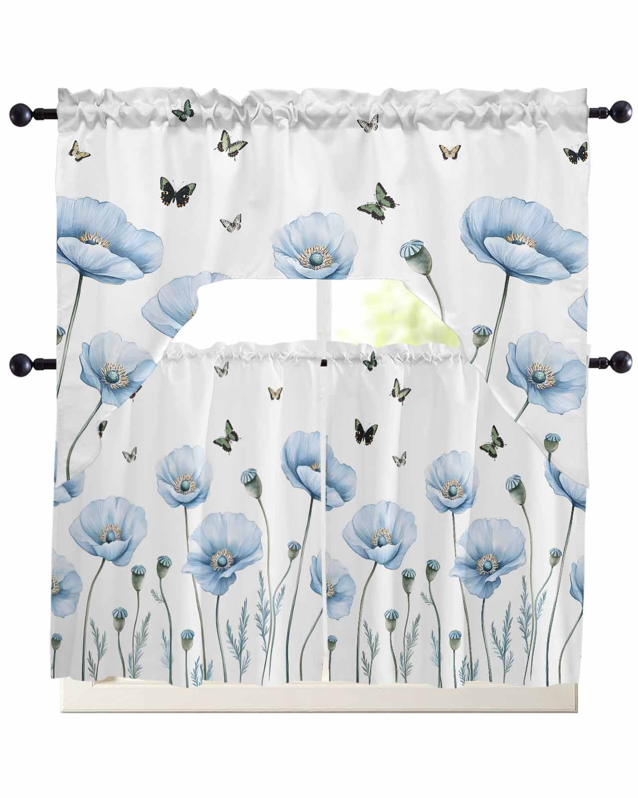 Blue Poppy Floral Kitchen Curtains Swag Valance and Tier Curtains Set ...