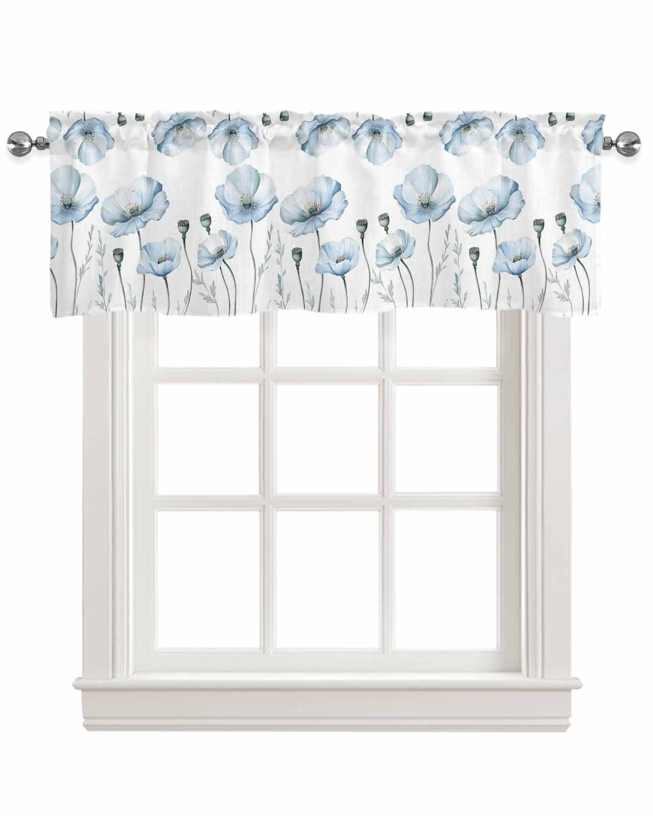 Blue Poppy Floral Kitchen Valances for Windows Farmhouse Linen Window ...