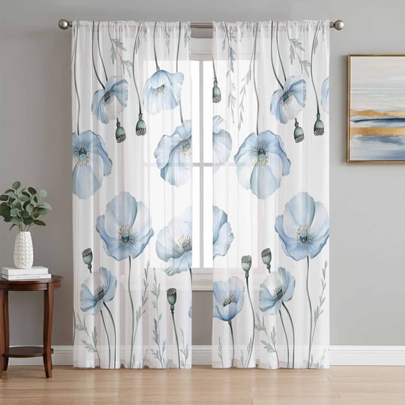 Blue Poppy Floral Semi Sheer Curtains 96 Inch Length 2 Panels Set ...