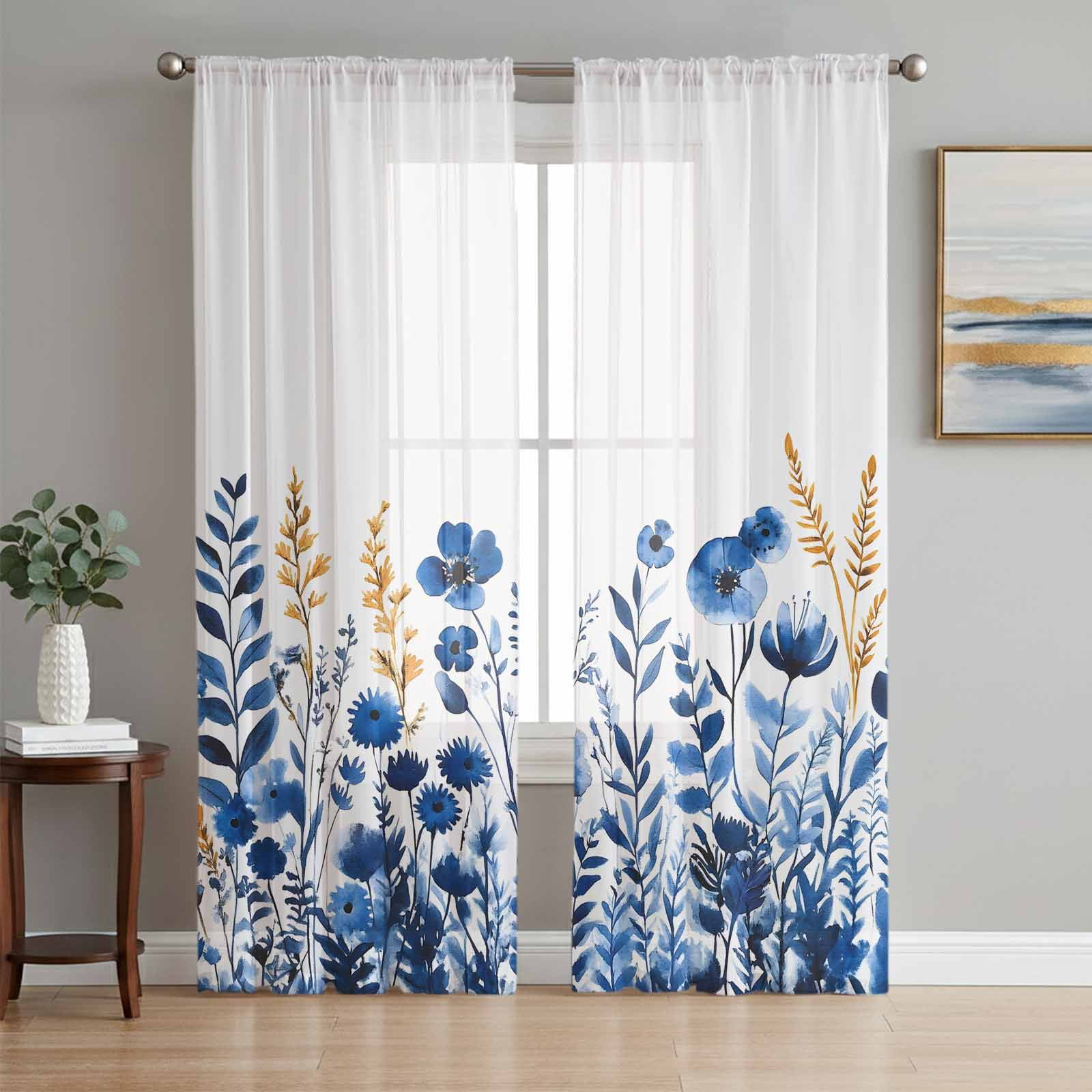 Blue Poppy Floral Sheer Curtains 84 Inch Length 2 Panels Set, Botanical ...