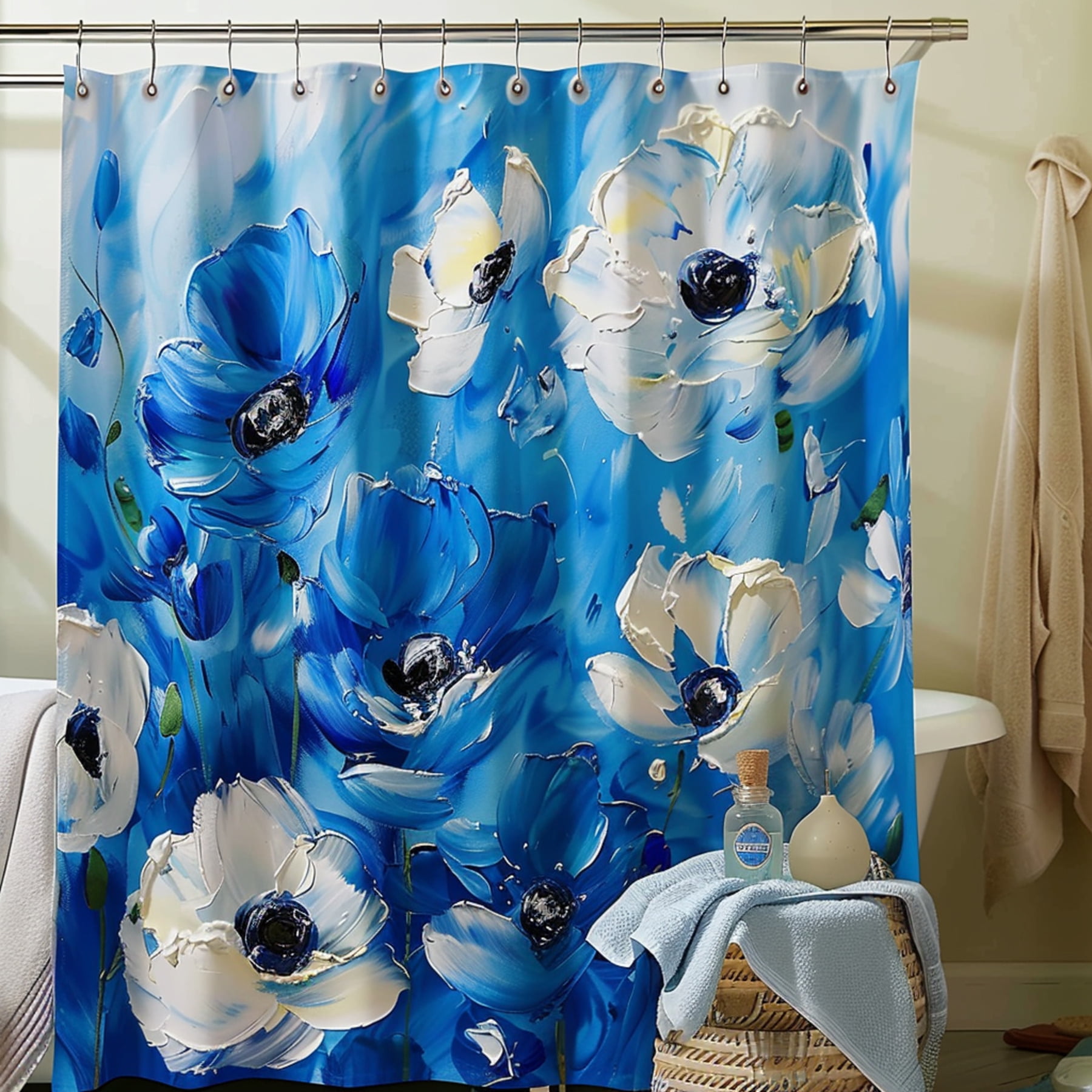Blue Poppy Floral Shower Curtain With White Flowers Silver Grommet