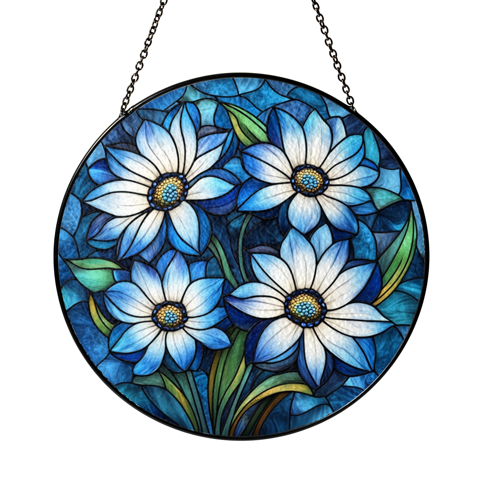 Blue Poppy Floral Stained Glass Style Round Window Suncatcher ...