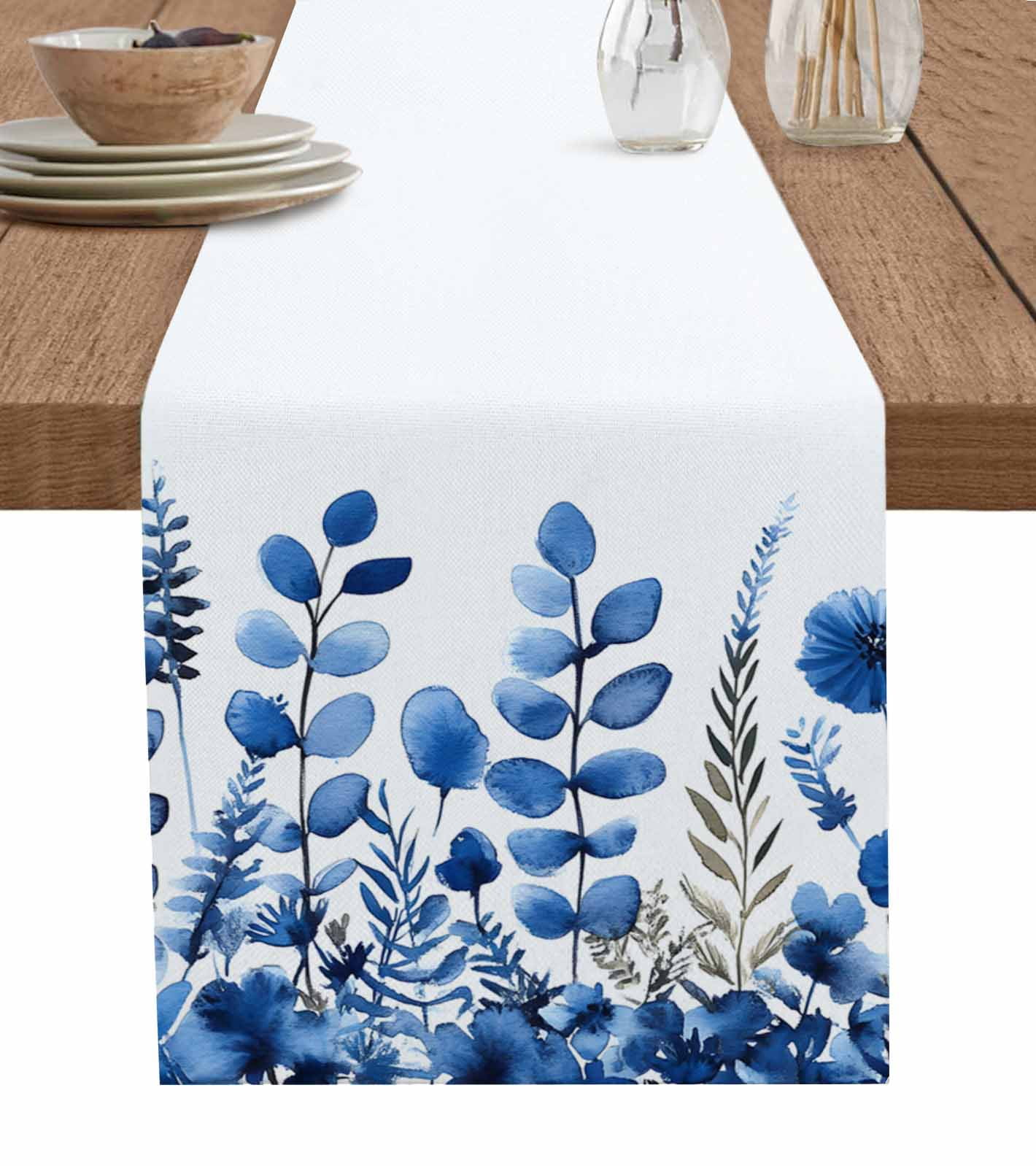 Blue Poppy Floral Table Runner 70 Inches, Watercolor Flowers Pastoral ...