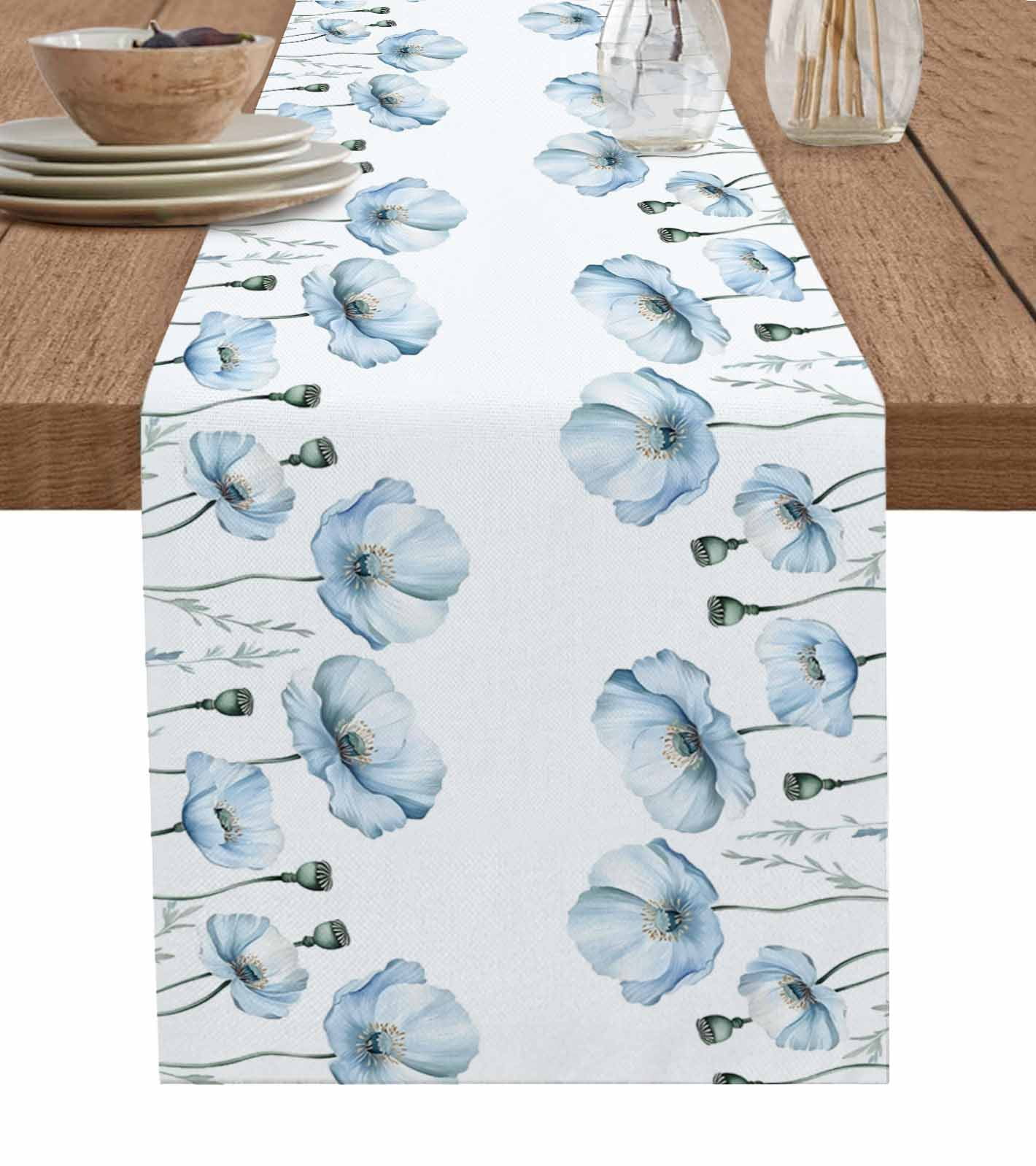 Blue Poppy Floral Table Runner 72 Inches, Farmhouse Pastoral Botanical ...