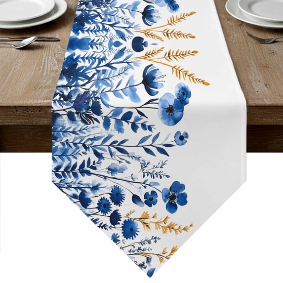 Blue Poppy Floral Table Runner Linen Burlap Table Runner 48 Inches Long ...