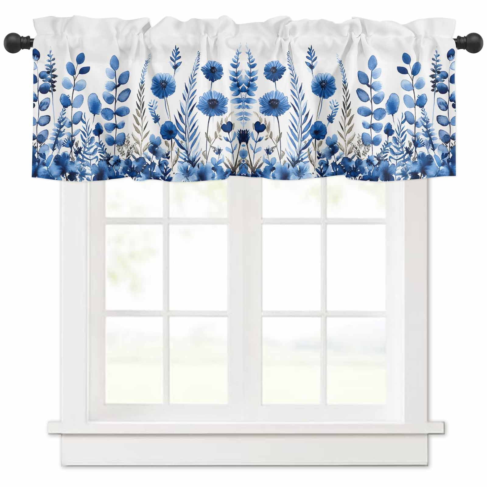 Blue Poppy Floral Valances for Windows Farmhouse Kitchen Curtains ...