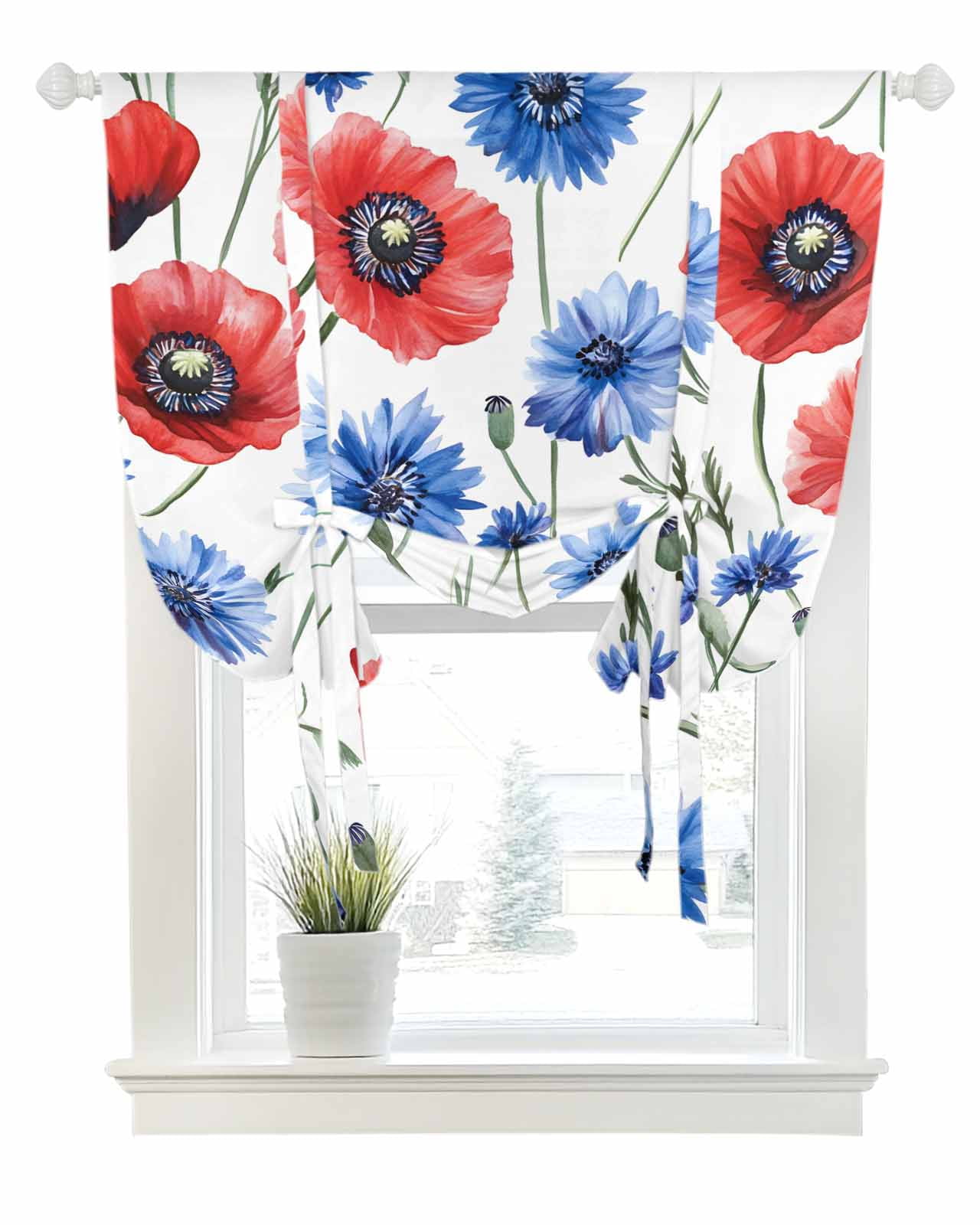 Blue Poppy Flower Tie Up Curtains for Window, Thermal Insulated Balloon ...