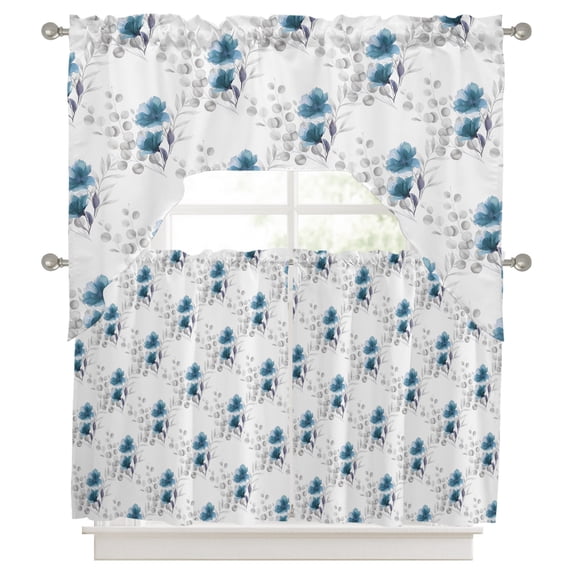 Blue Poppy Flowers Kitchen Curtains Swag Valance and Tier Curtains Set ...