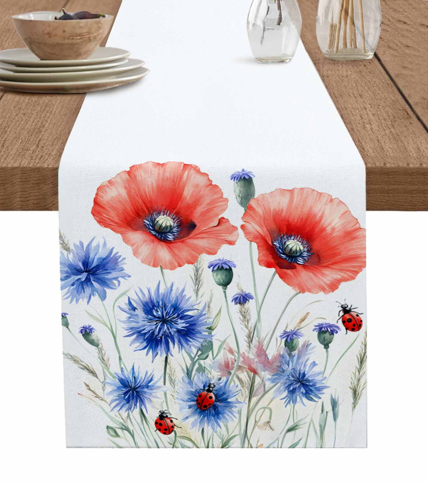Blue Poppy Flowers Table Runner 72 Inches, Red Patriotic Floral ...