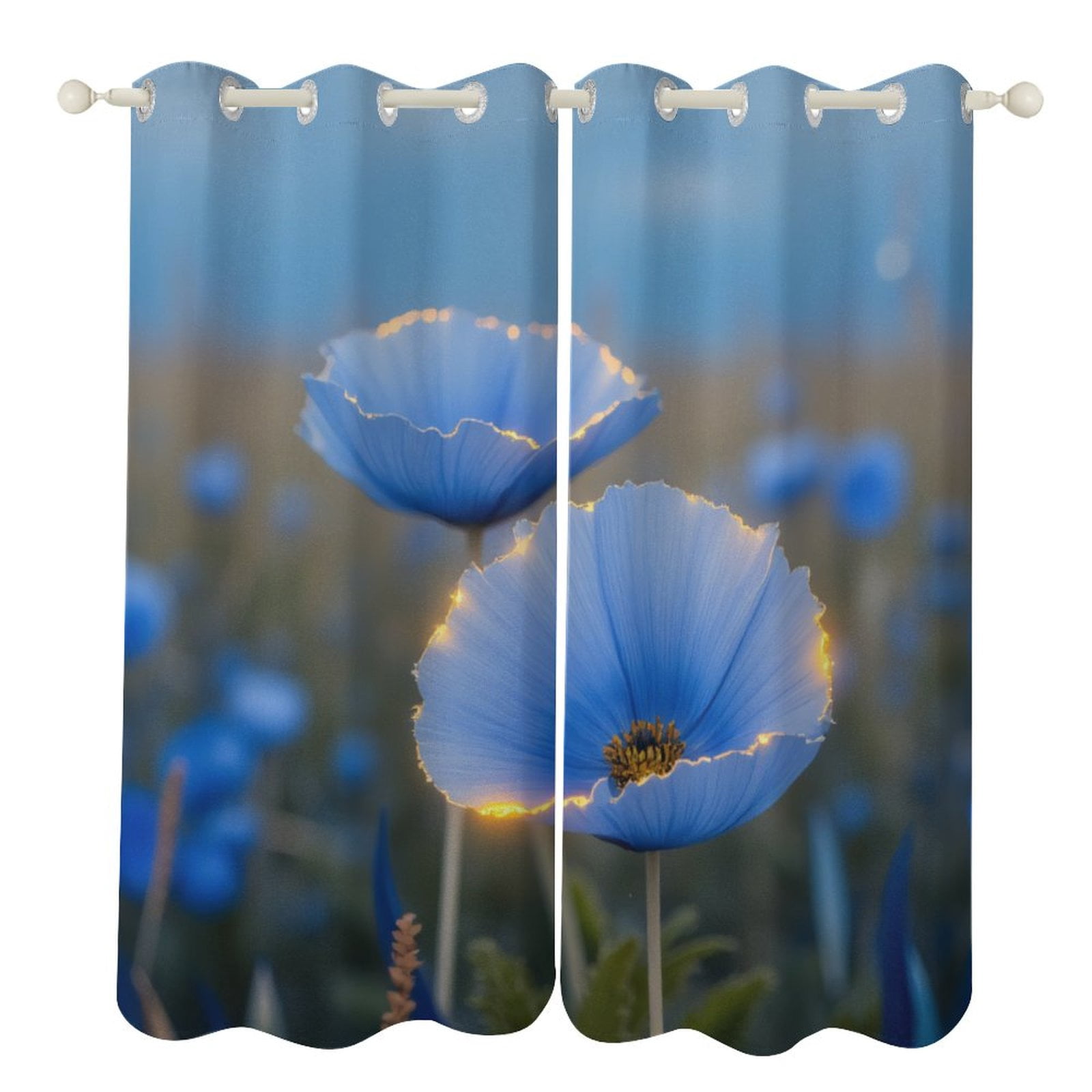 Blue Poppy Flowers in Bloom Luxury Window Curtains Blinds for Living ...
