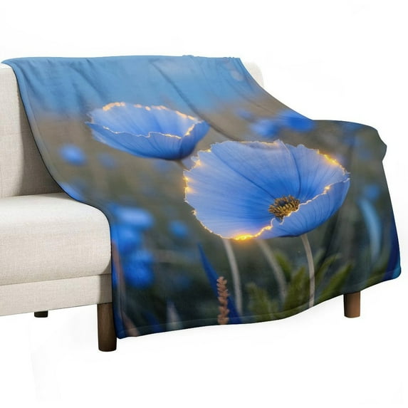 Blue Poppy Flowers in Bloom Throw Blanket Warm Microfiber Flannel ...