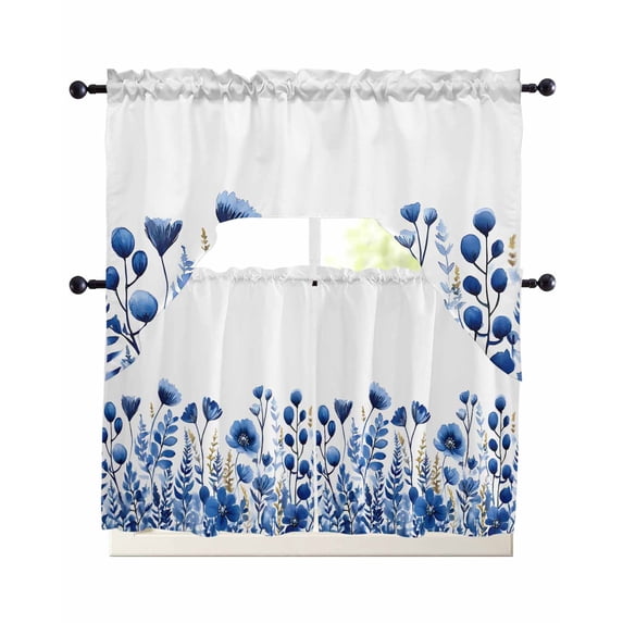 Blue Poppy Kitchen Curtain and Valance Set 3 Pieces, Rod Pocket Short ...