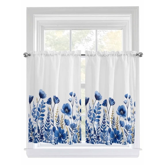 Blue Poppy Kitchen Curtains 54 Inch Length, Botanical Flowers Spring ...