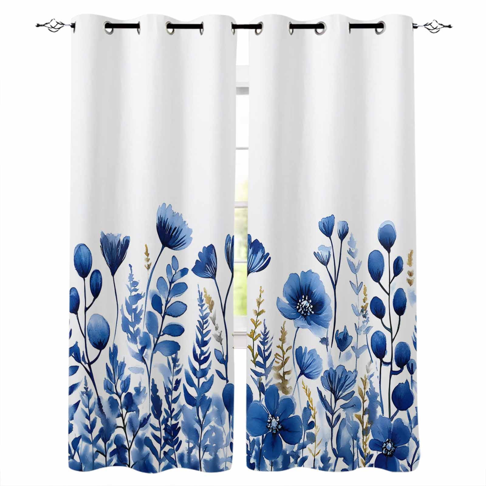 Blue Poppy Kitchen Curtains Botanical Flowers Spring Garden Cafe Short ...