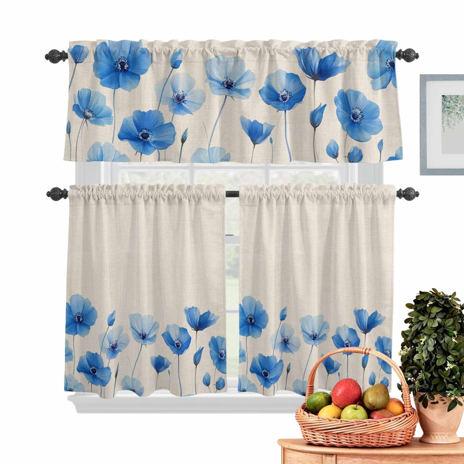 Blue Poppy Kitchen Curtains Valances 3 Piece Set, Spring Flowers Spring ...