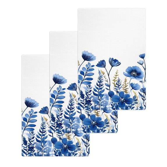 Blue Poppy Kitchen Dish Towels for Drying Dishes Set of 3, Botanical ...
