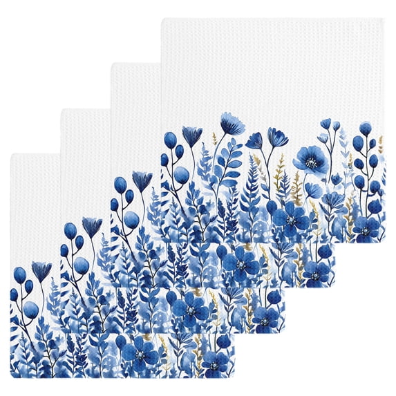 Blue Poppy Kitchen Dish Towels for Drying Dishes Set of 4, Botanical ...