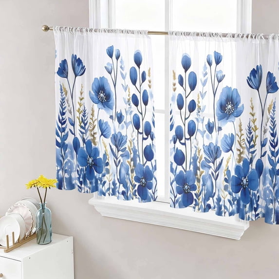 Blue Poppy Semi Sheer Curtains 54 Inch Length 2 Panels Set, Botanical ...