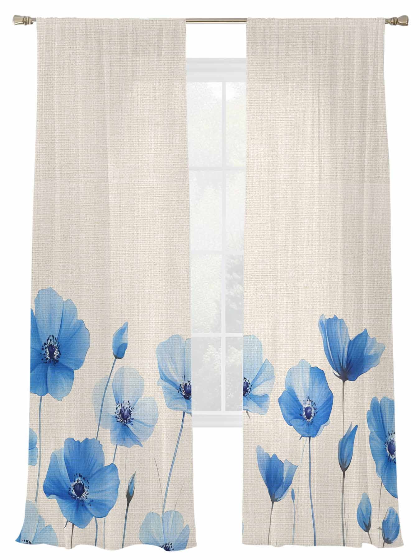 Blue Poppy Sheer Curtains for Living Room Bedroom, Spring Flowers ...