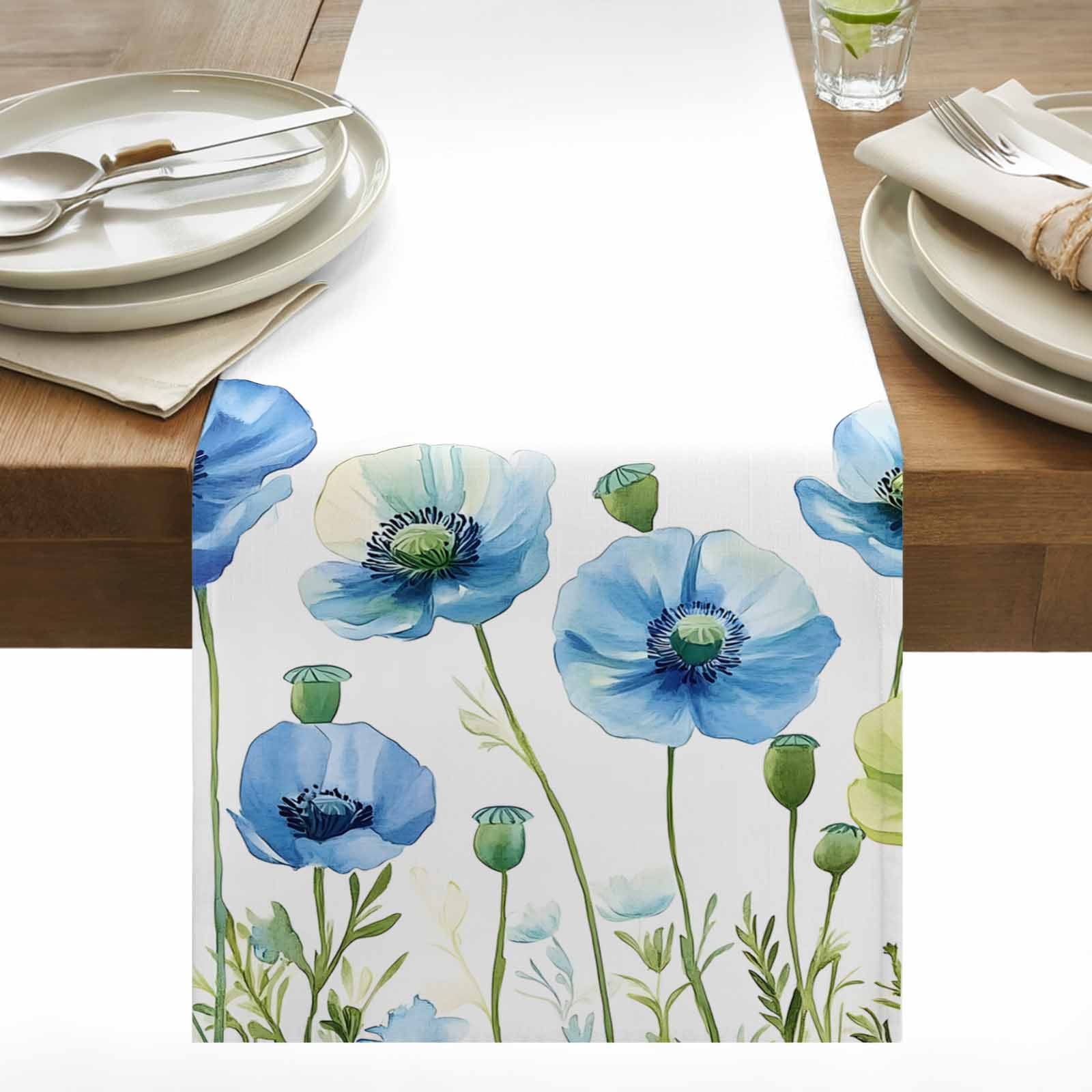 Blue Poppy Table Runner 13x90 inch Watercolor Flowers Cotton Linen ...