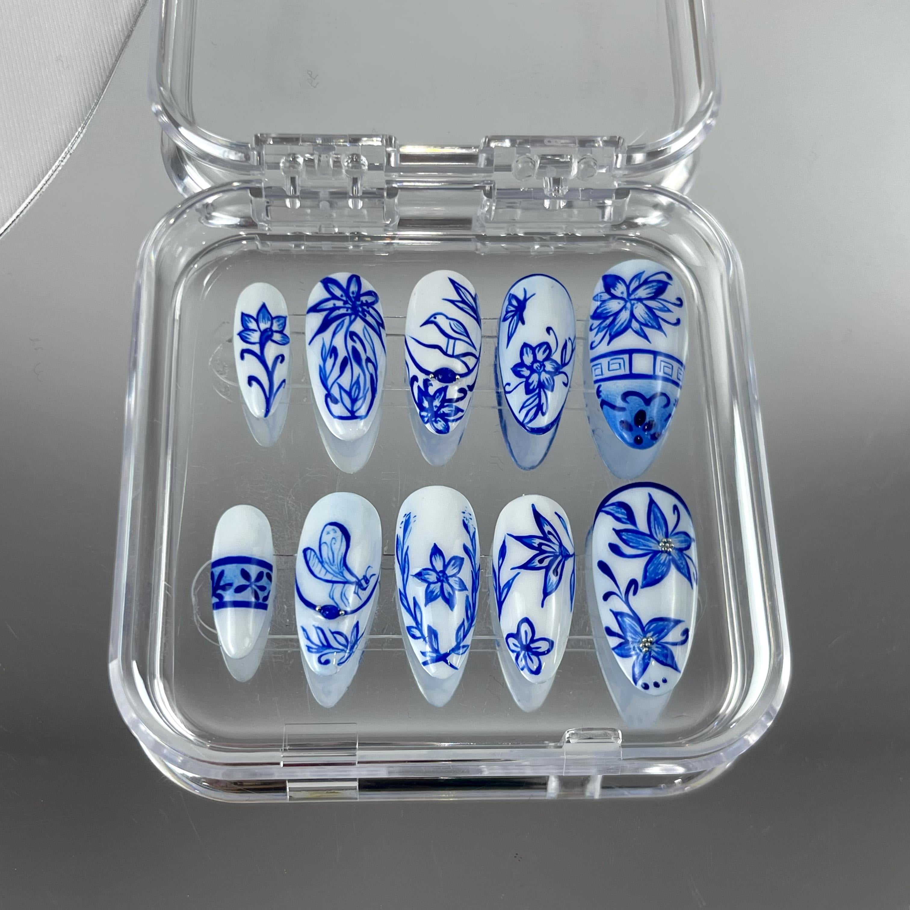 Blue Porcelain,Custom Press On Nails, Almond Stiletto Square Nails, 3D ...