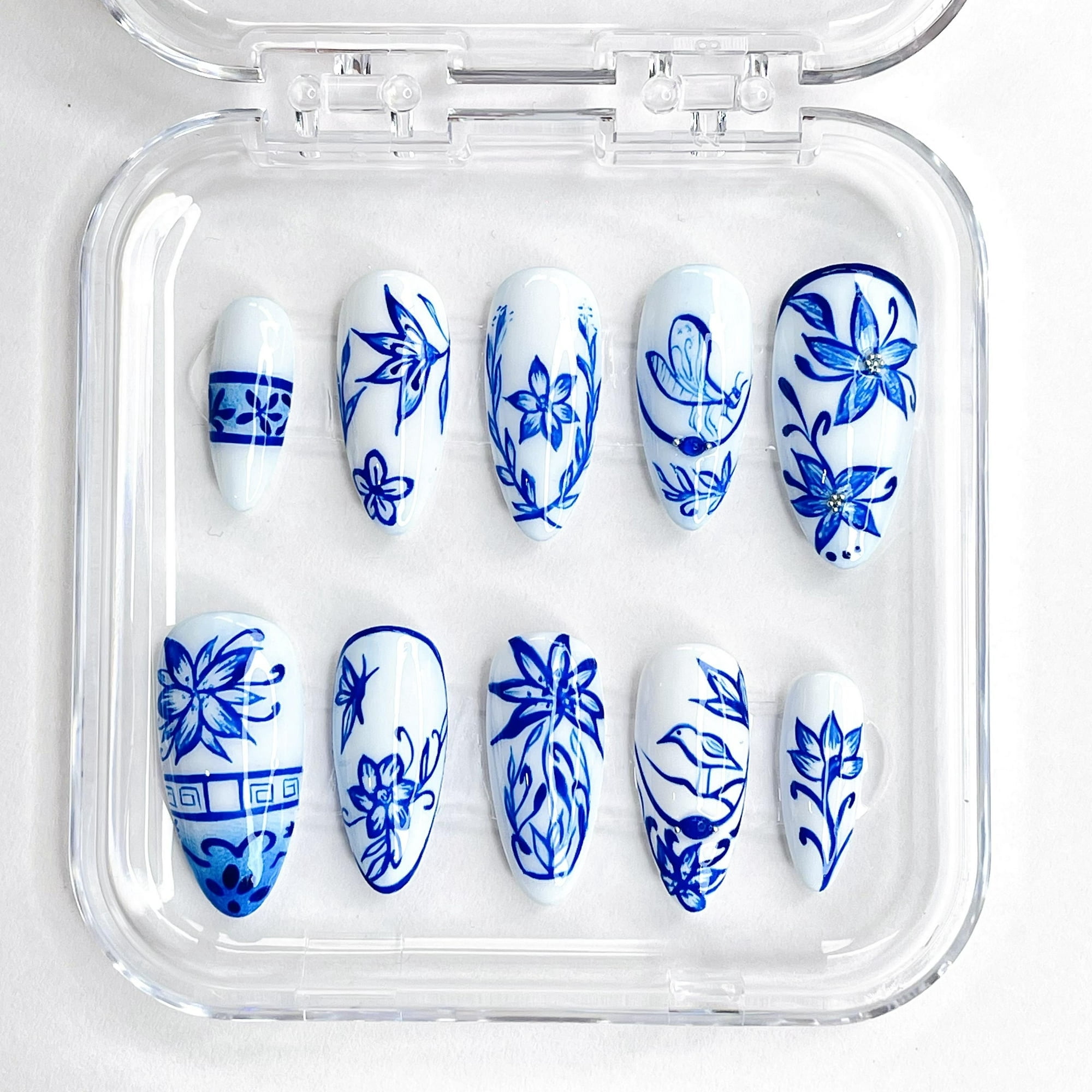 Blue Porcelain,Custom Press On Nails, Almond Stiletto Square Nails, 3D ...