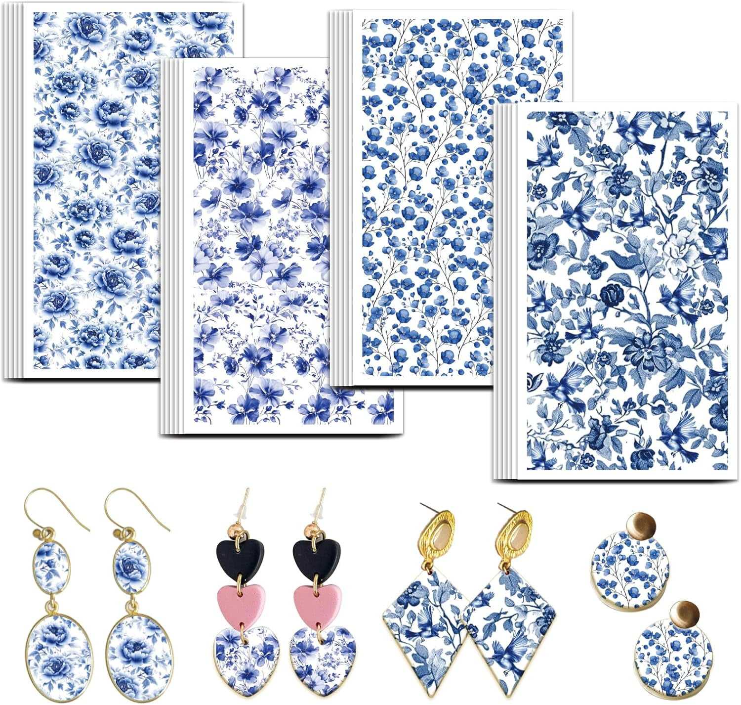 Blue Porcelain Flowers Clay Transfer Paper 4 Design 24 Pcs Transfer ...