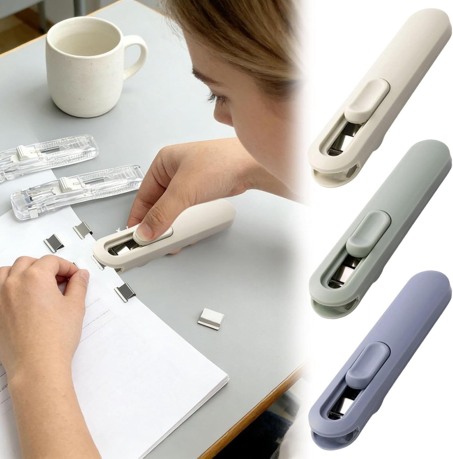 Blue Portable Clip Stapler With 108 Reusable Clips New Push Clip Device ...