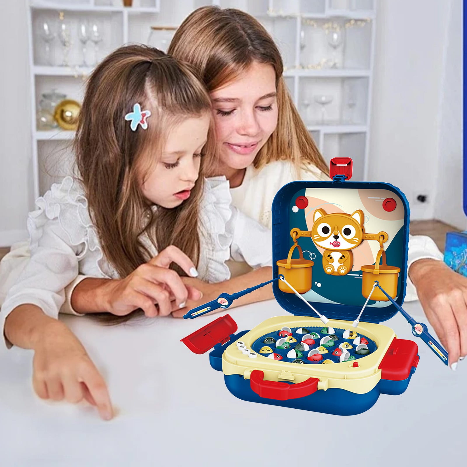 Blue Portable Magnetic Fishing Toy Set Music Rotating Fish Educational ...